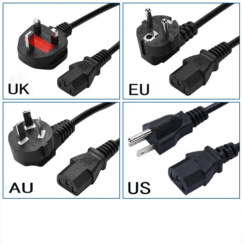 3-Pin EU/US/AU/UK Power Cable for PCs, Printers, Laptops, Cameras - 1 ...
