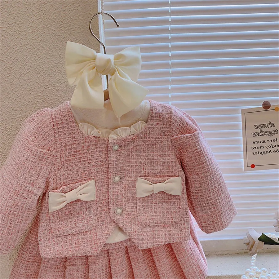 Clothing Sets Toddler Girls Tweed Jacket And Pink Bow Skirt Outfit Long ...
