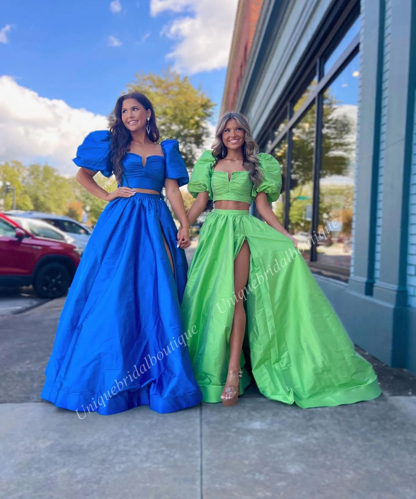 Royal Two Piece Bright Green Prom Dress With Ballon Sleeves, High Slit ...
