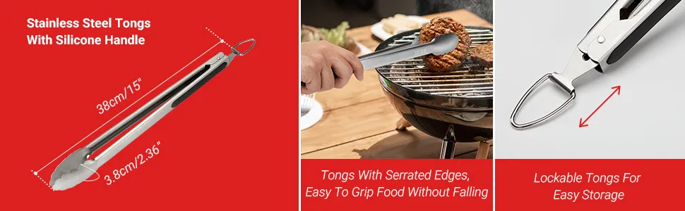 BBQGO Stainless Steel BBQ Tools Set - Spatula, Fork, Tongs, Brush ...