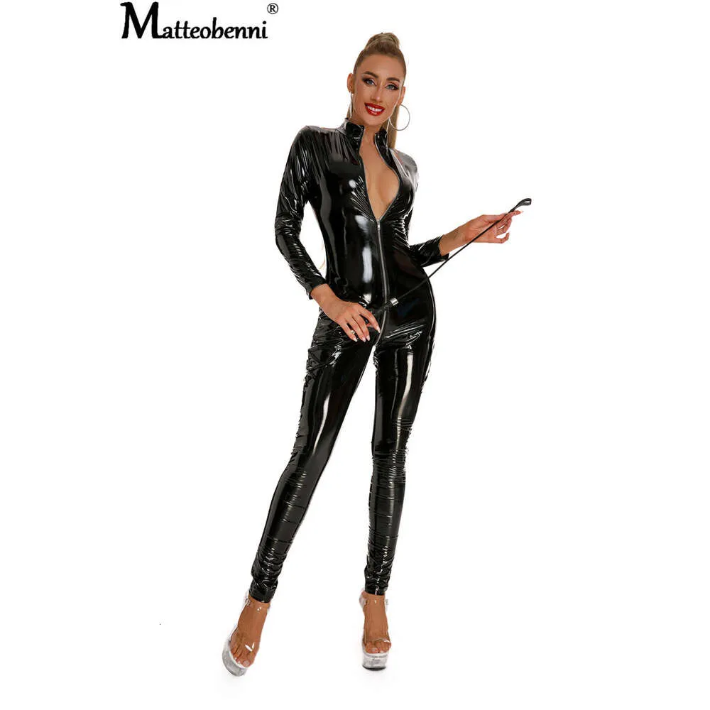 Sexy Faux Leather Catsuit With Open Crotch And Stretch Bodystocking Pvc