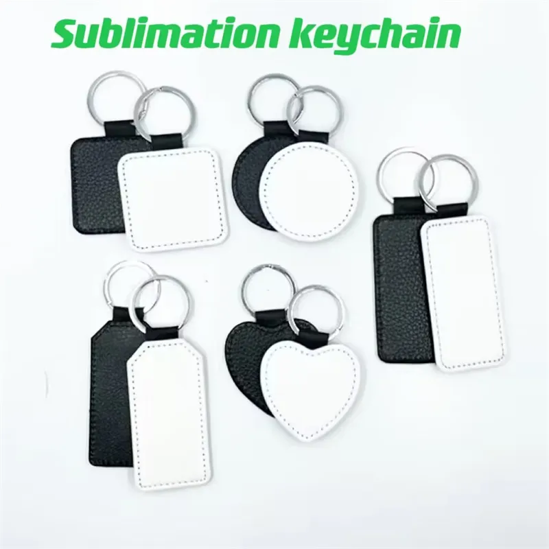 Sublimation Blank PU Leather Keychain Black White DIY Key Chain Round ...