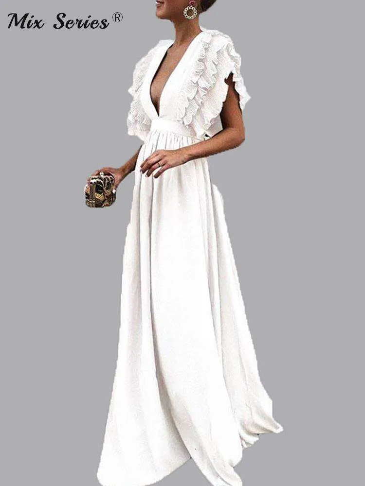 Elegant Solid V Neck Ruffle V Neck Maxi Dress For Women Short Sleeve
