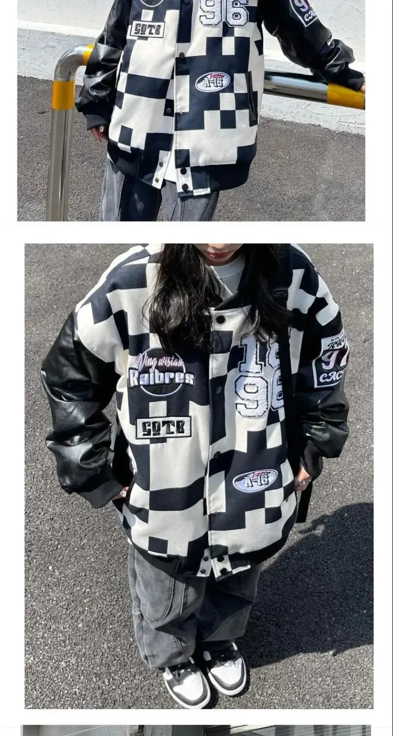 Women's Versatile American Street Checker Baseball Suit Jacket, Black ...