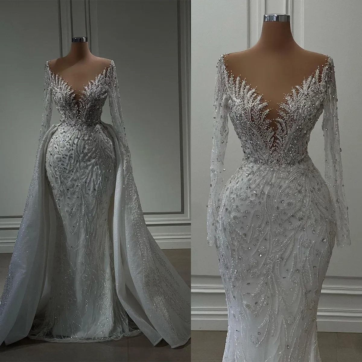 Mermaid Wedding Dress with Detachable Train - Sheer Neck Long Sleeve ...
