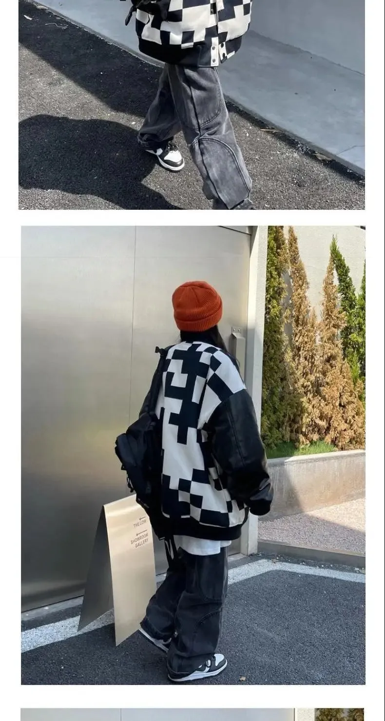Women's Versatile American Street Checker Baseball Suit Jacket, Black ...