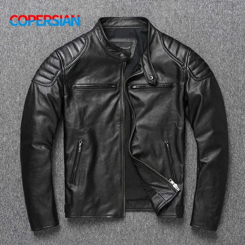 DHgate.com:Top-Layer Cowhide Leather Jacket, Classic Stand-Up Collar ...