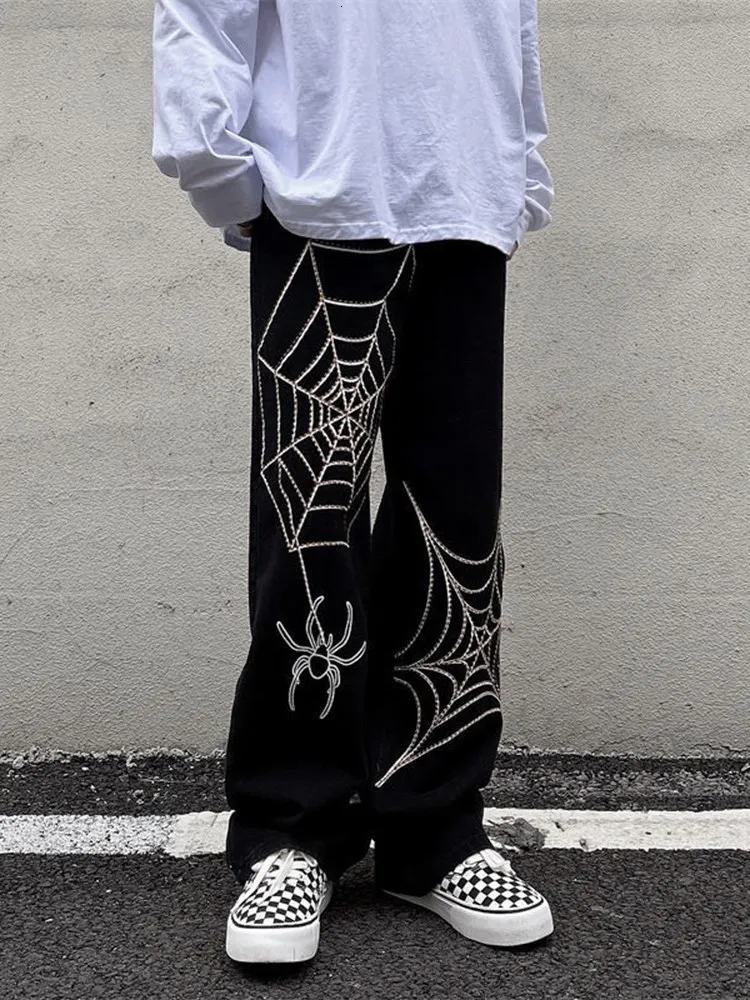 Oversize Wide Leg Trousers - Women's Grunge Punk Spider Web Print Capri ...