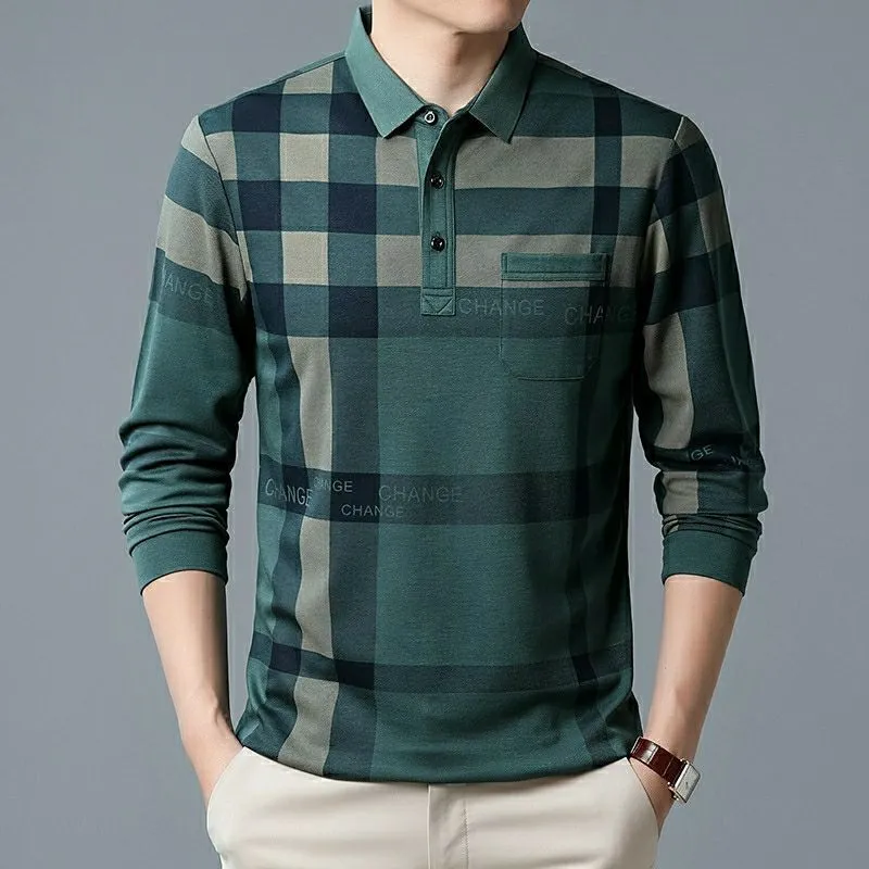 Men's Long Sleeve Striped Plaid Polo Shirt for Spring and Autumn Casual ...