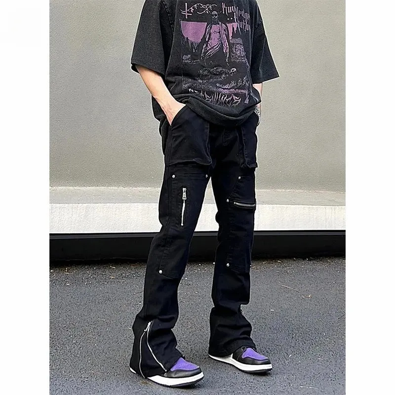 Men's Wide Leg Black Denim Jeans Casual Streetwear Baggy Pants for Hip ...