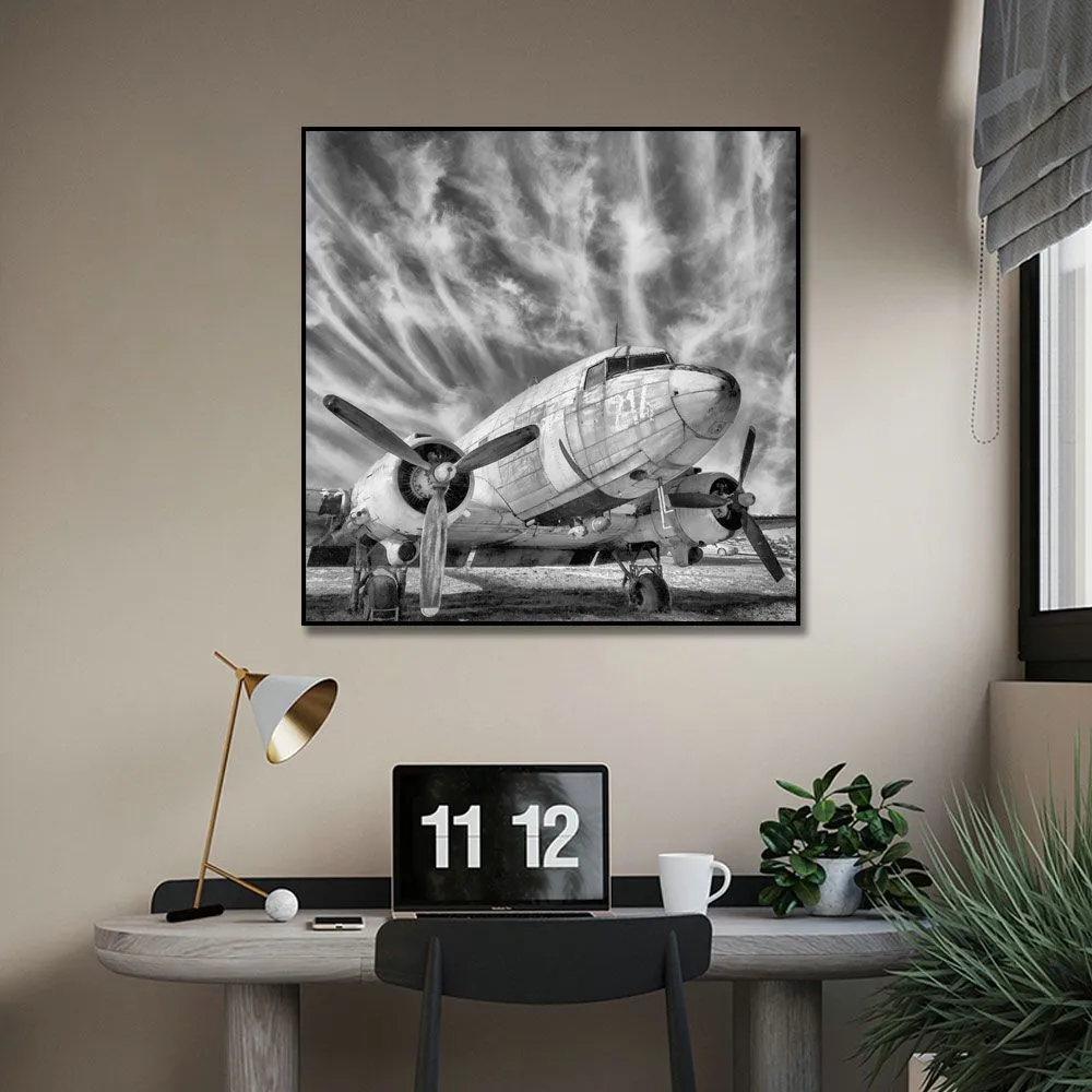 Modern Airplane Canvas Wall Art - Black & White Plane in Sky Poster ...