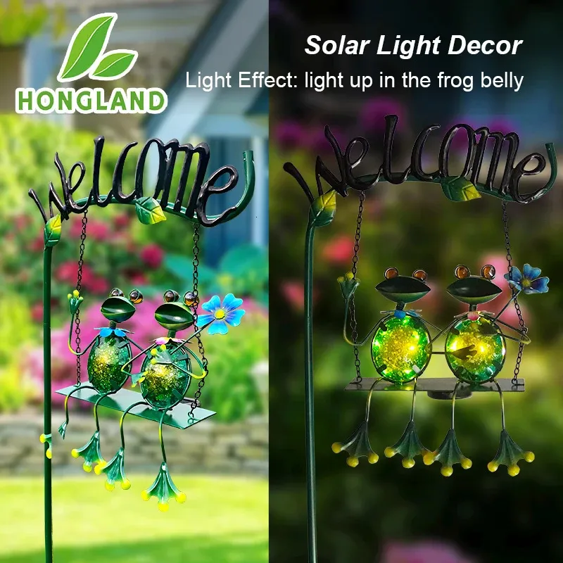Solar Frog Garden Decor with Welcome Sign - Swinging Frog Decoration ...