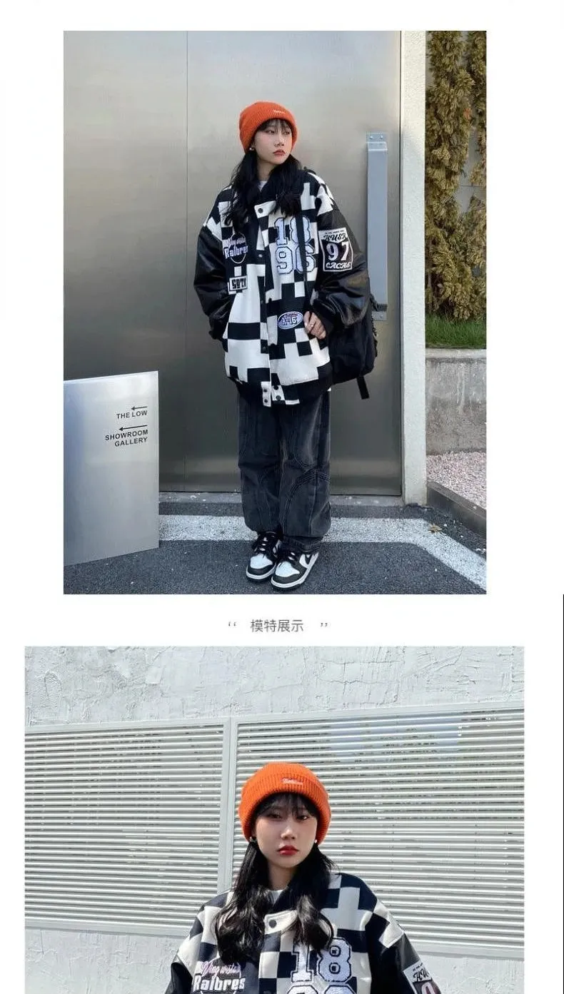 Women's Versatile American Street Checker Baseball Suit Jacket, Black ...