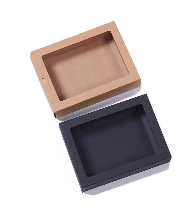 Kraft Paper Gift Box With Window Black Drawer Style Cardboard Boxes For ...