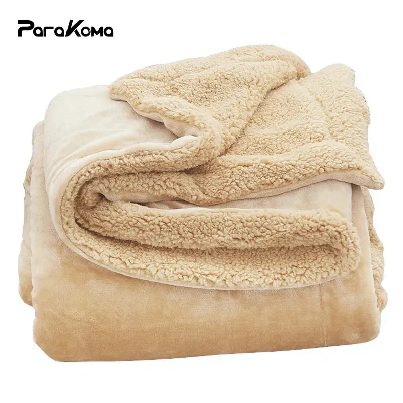 Soft blanket double-layer coral fleece thick warm beige woven polyester ...