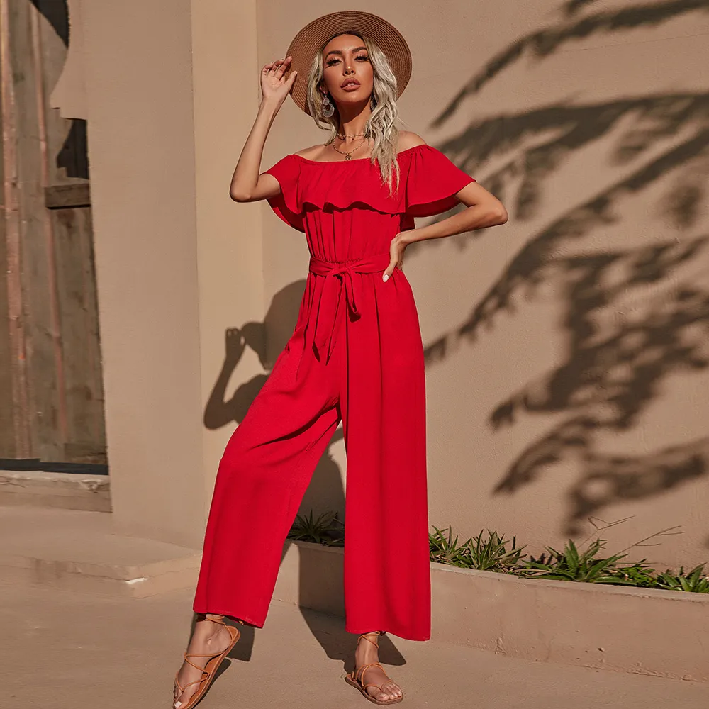 Women's Jumpsuit Red Slash Neck Lotus Leaf Sleeve Strapless Belt Wide ...