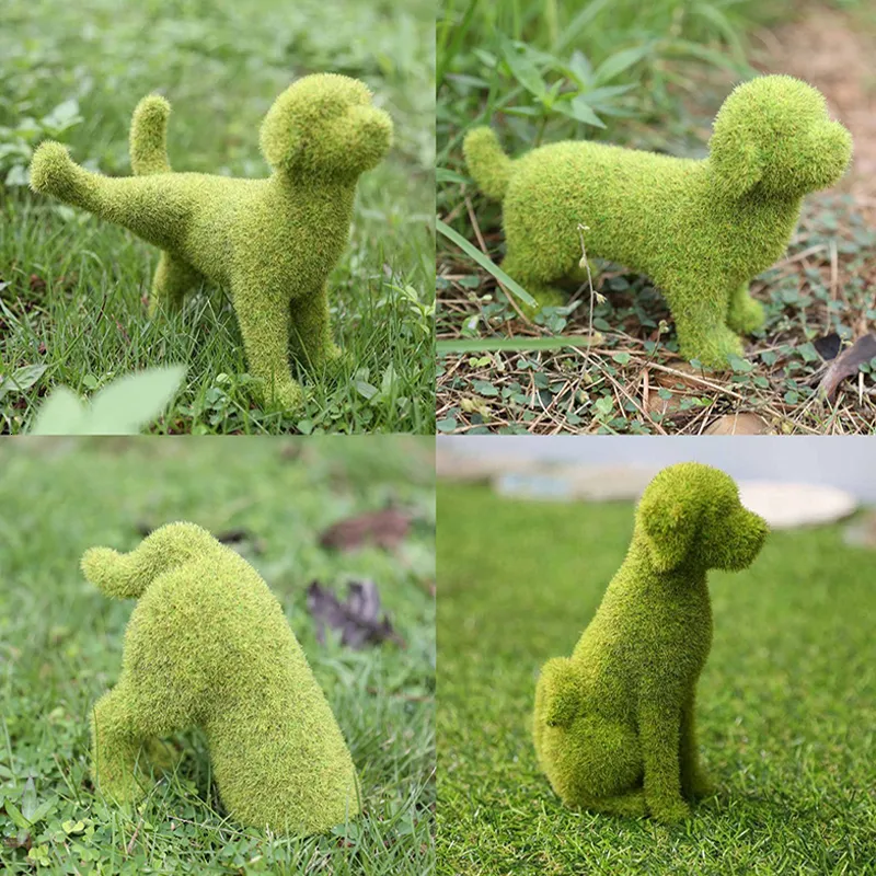 Lawn Ornaments Animals: Cute Flocked Puppy & Moss Cat Figurines Green ...