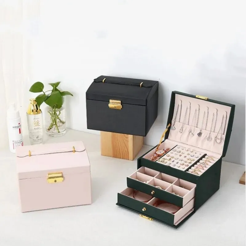Jewelry Box, Multi-Functional Three-Layer Leather Drawer Style Jewelry ...