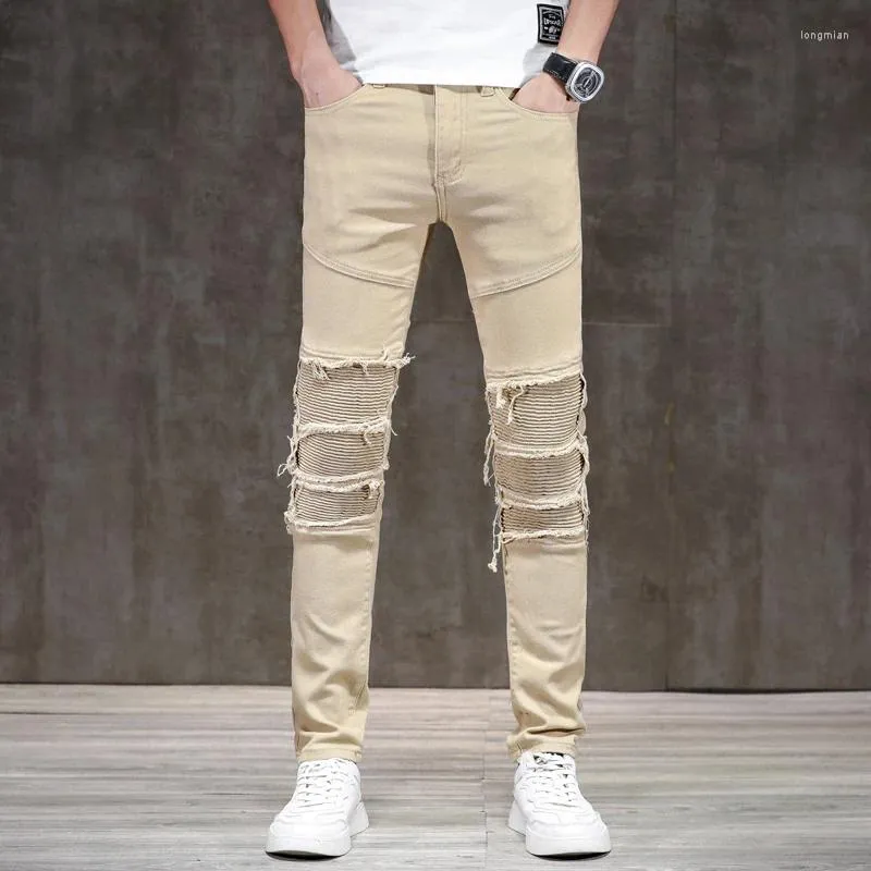 Red Jeans For Men Khaki Pants Slim Fit Stretch Patchwork Pleated Denim ...