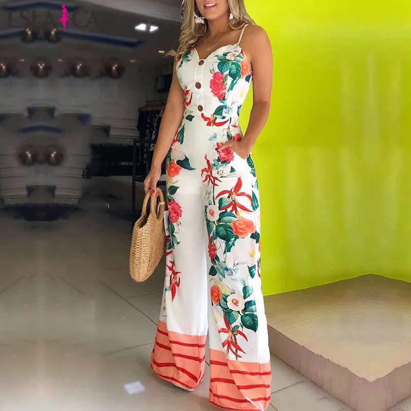 Womens Jumpsuits Printed Loose Full-Length Polyester Casual High Waist ...
