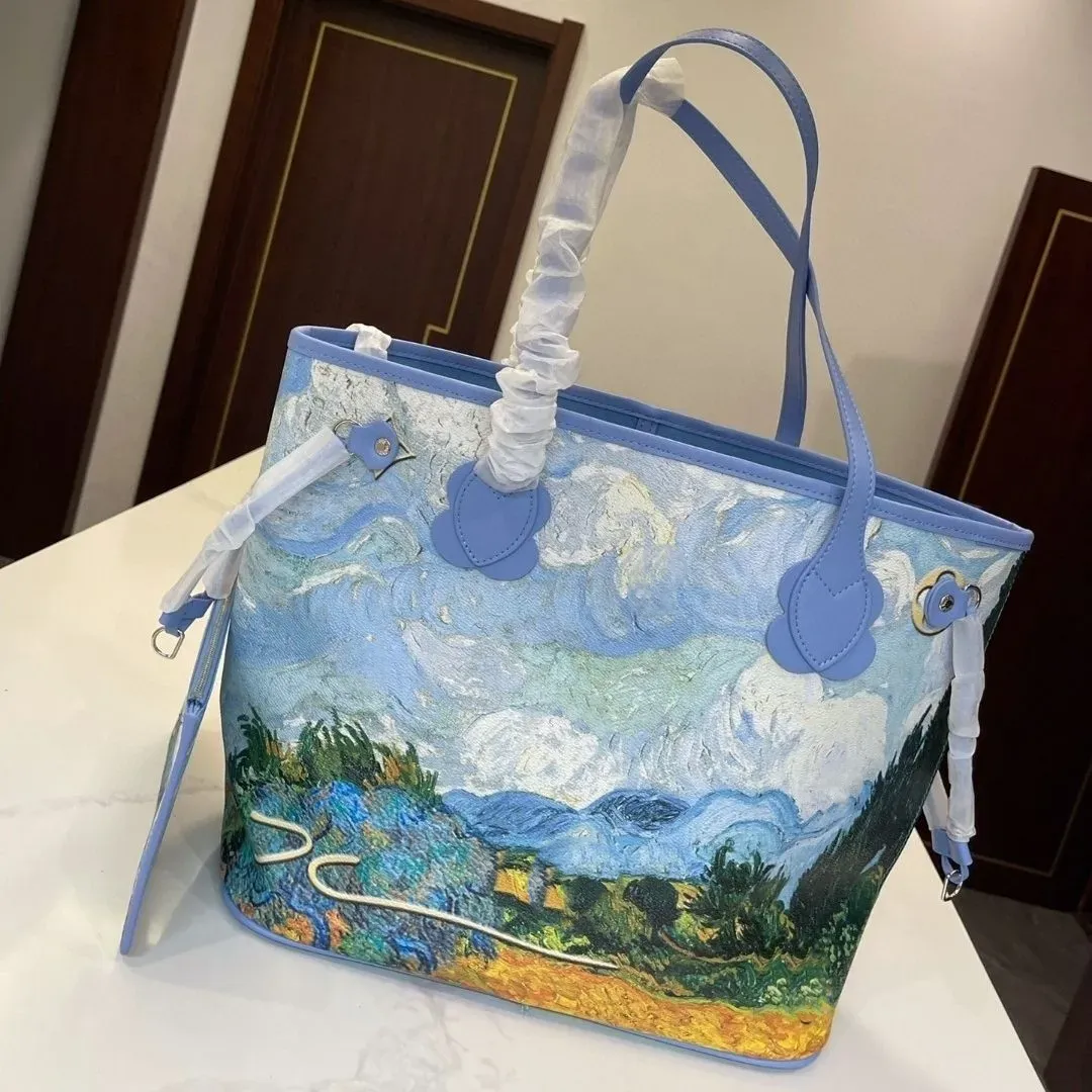 DHgate.com:Womens Genuine Leather Van Gogh Wheat Field Tote Bag - Multi ...