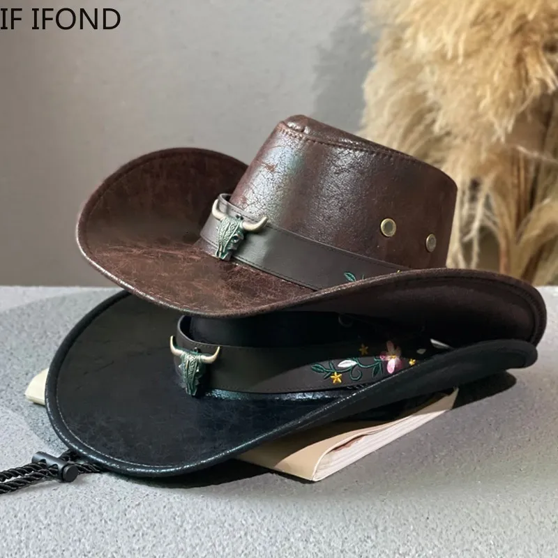 Vintage Faux Leather Cowboy Leather Hats For Men With Wide Brim And Cow Head Decoration For Men ...