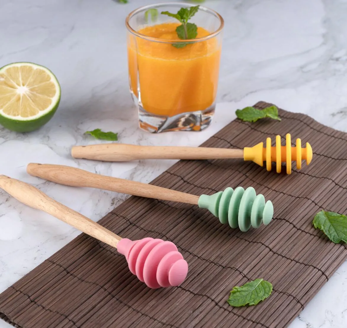 Wooden Handle Honey Spoons Silicone Honey Drizzle Sticks With Spiral ...