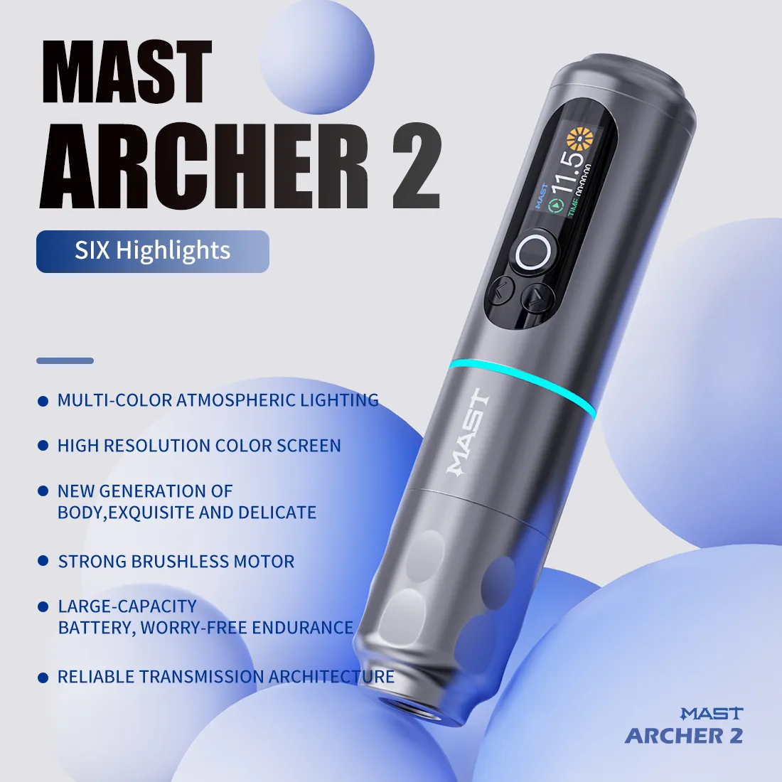 Mast Archer 2 Wireless Tattoo Pen Brushless Motor Machine Professional ...