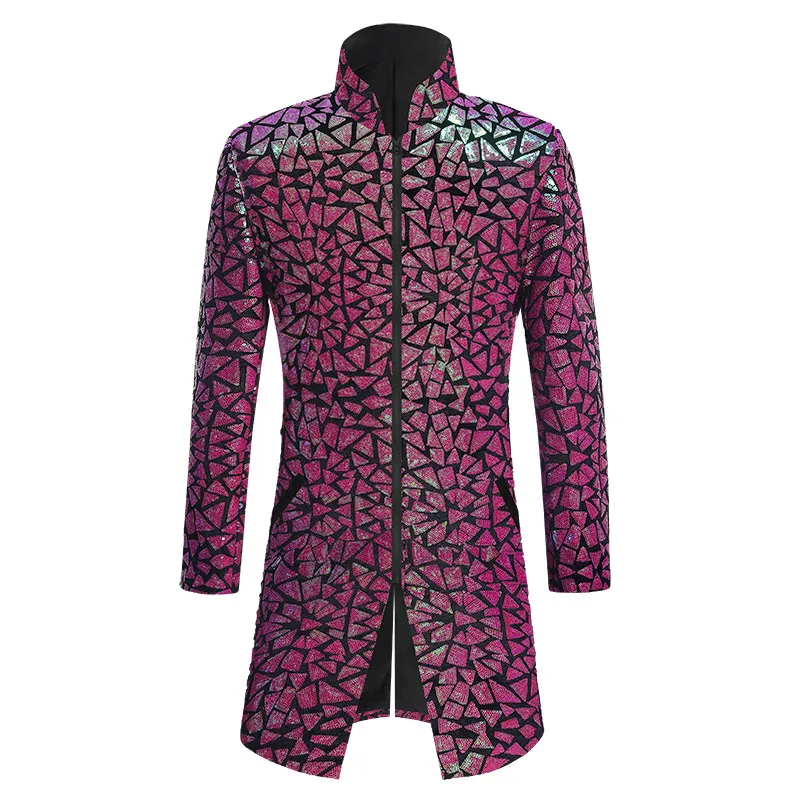 Fashion Sequin Long Blazers For Men Stand Collar Zipper Suit Style ...