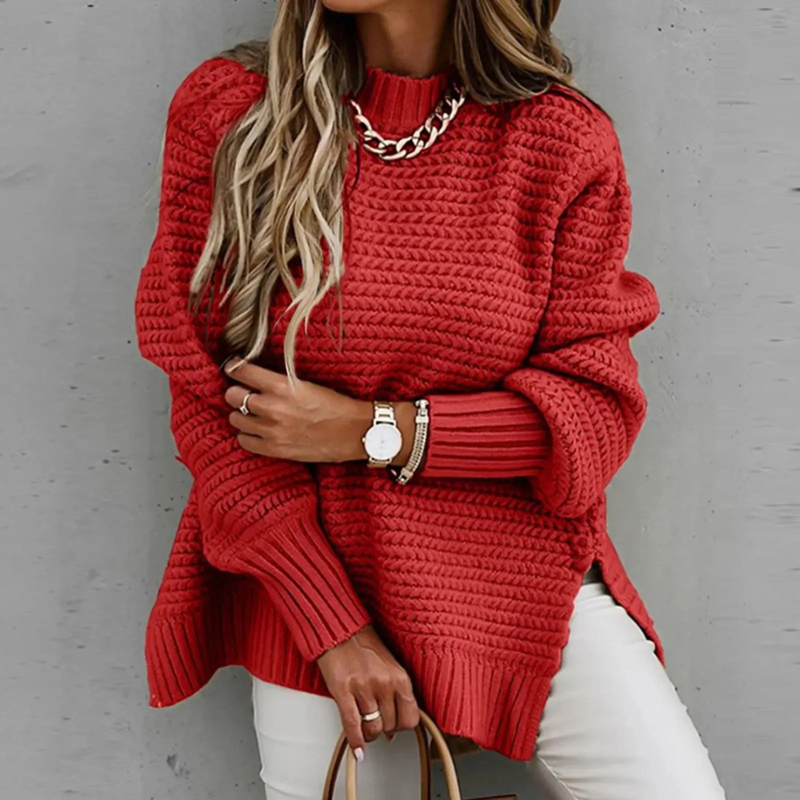 Women's Knitted Pullover Sweater Long Sleeve Side Split Plus Size ...