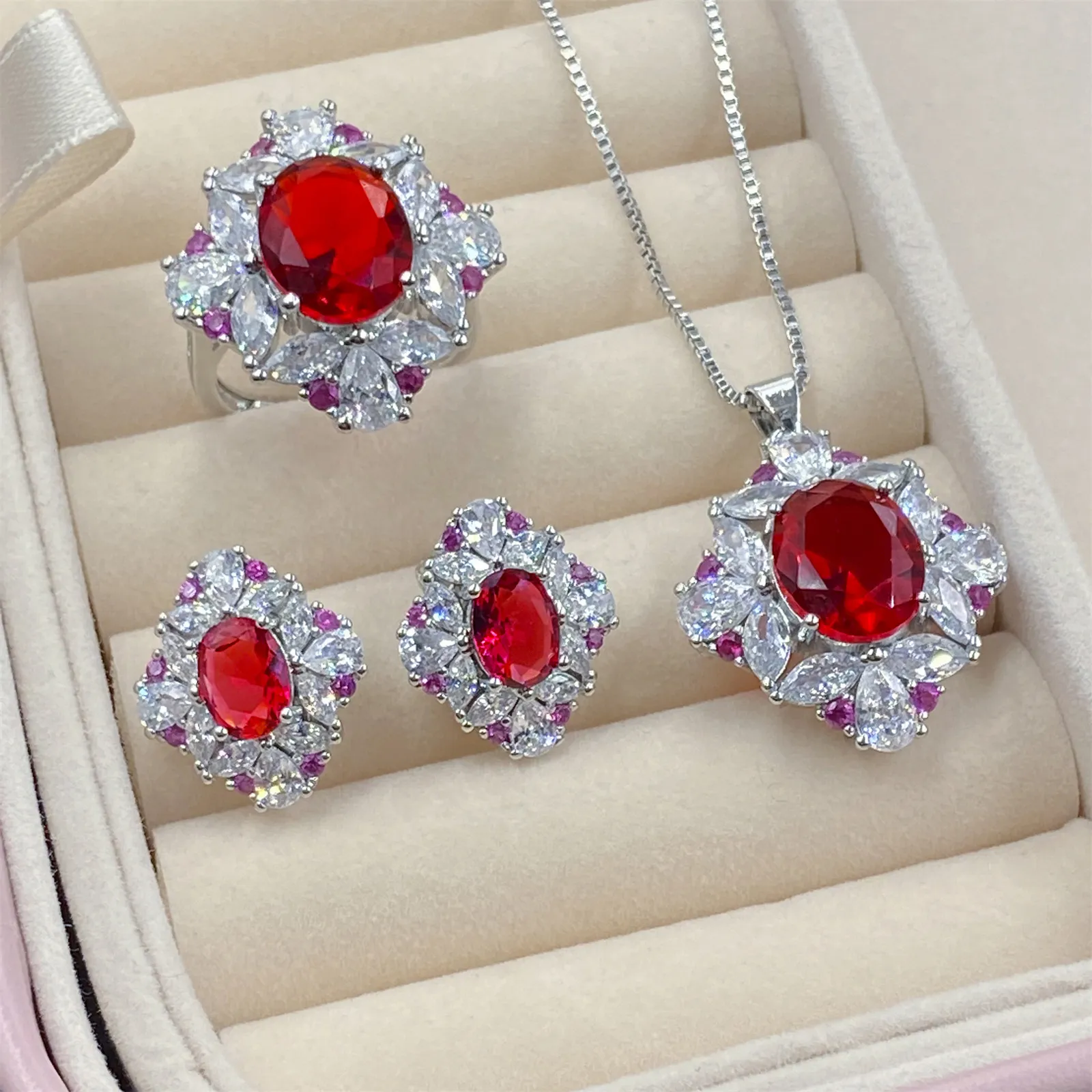 Antique Lab Ruby Diamond Jewelry Set 925 Sterling Silver Engagement Wedding Rings Earrings ...