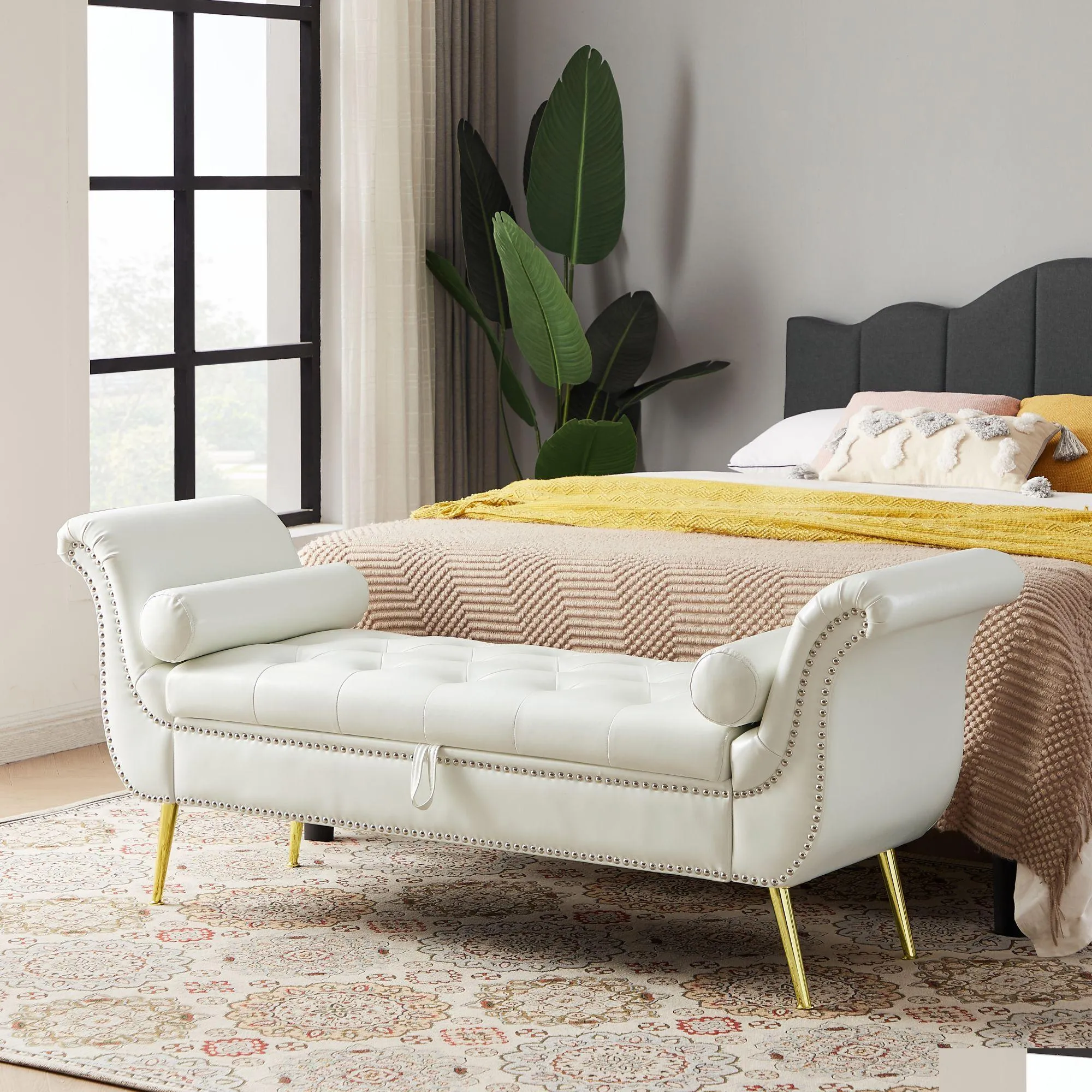 White PU Leather Bedroom Bench with Storage and 2 Pillows Stylish and Functional Furniture for Home Garden