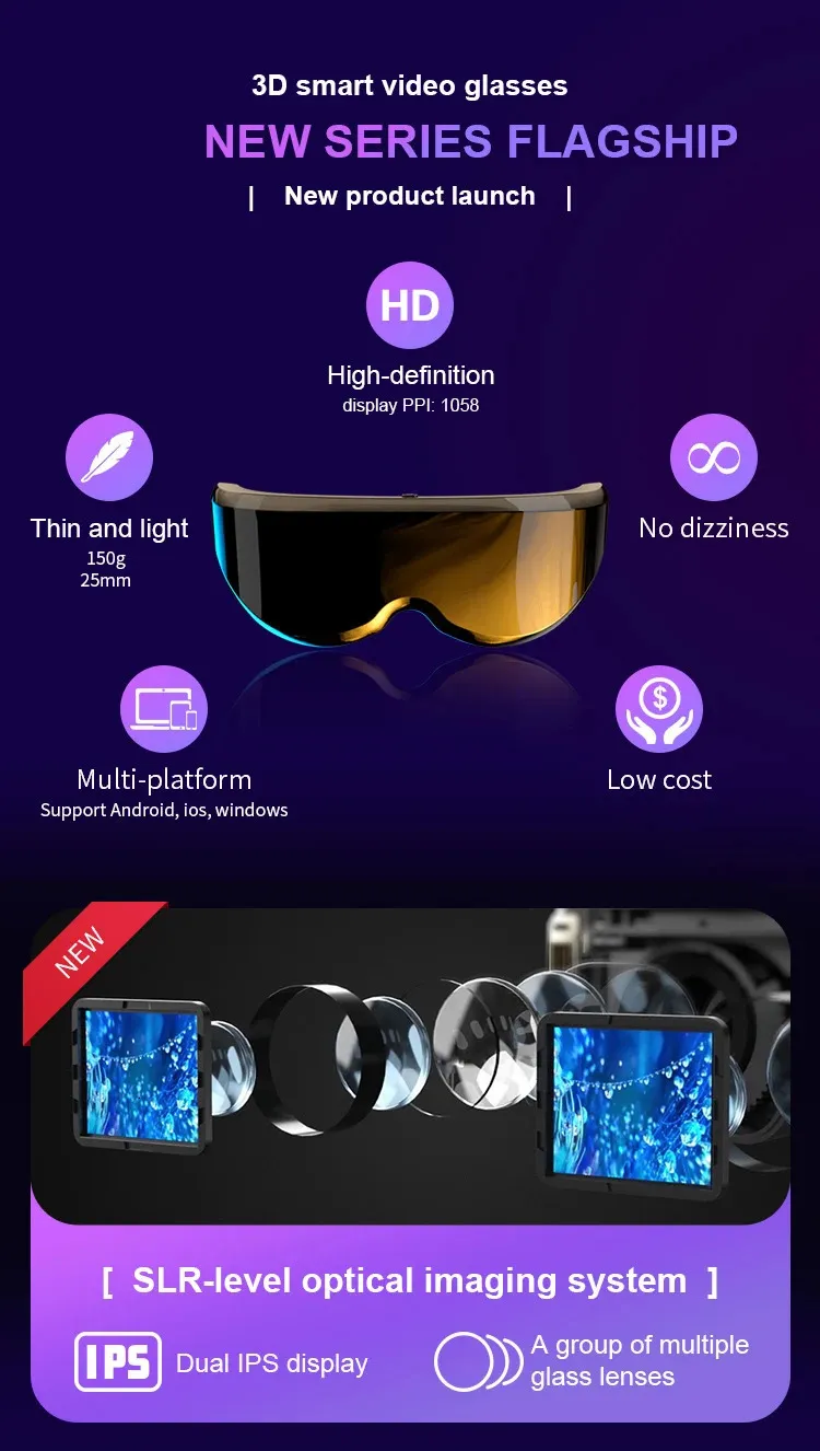 3D Glasses Updated 2D Smart Giant Screen VR Headset Stereo Cinema ...