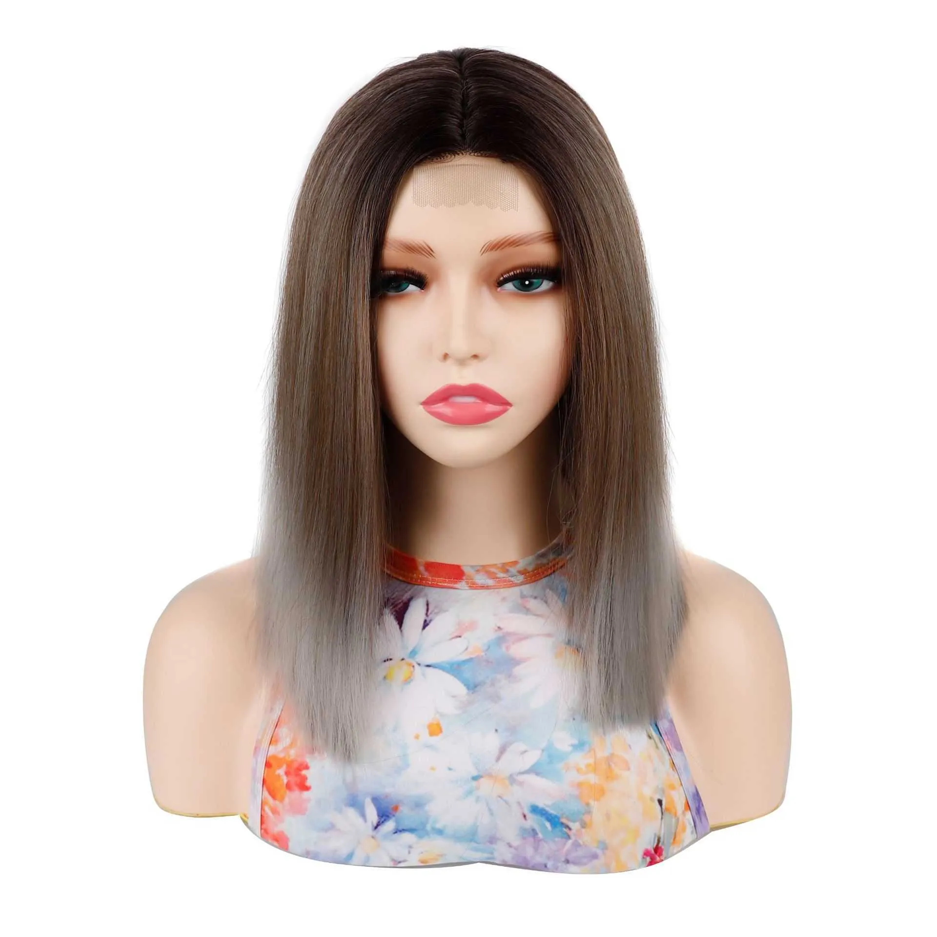 Small Straight Middle Part Wig Headgear With Dark Brown Gradient And ...