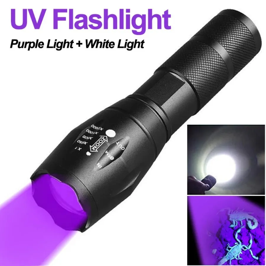 UV Flashlight Dual Purple White LED Torch Retractable Zoom Ultraviolet ...