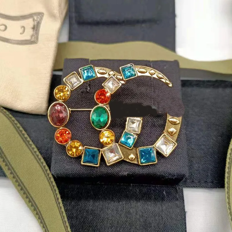 Retro Luxury Style Colored Diamond Brooch Brand Letter Designer ...