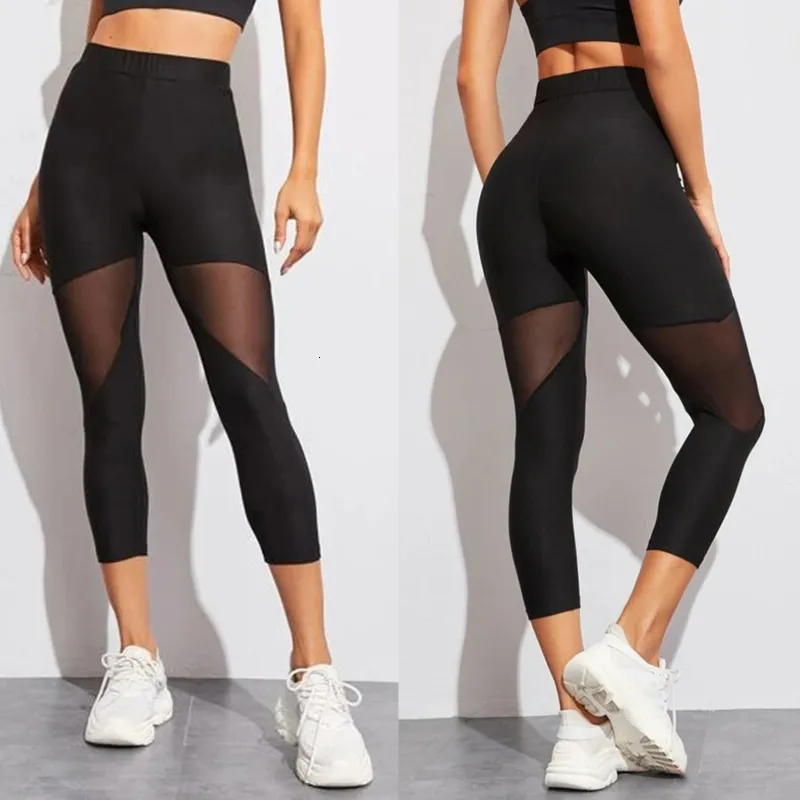 Women's mid-calf leggings black patch mesh polyester spandex fitness ...