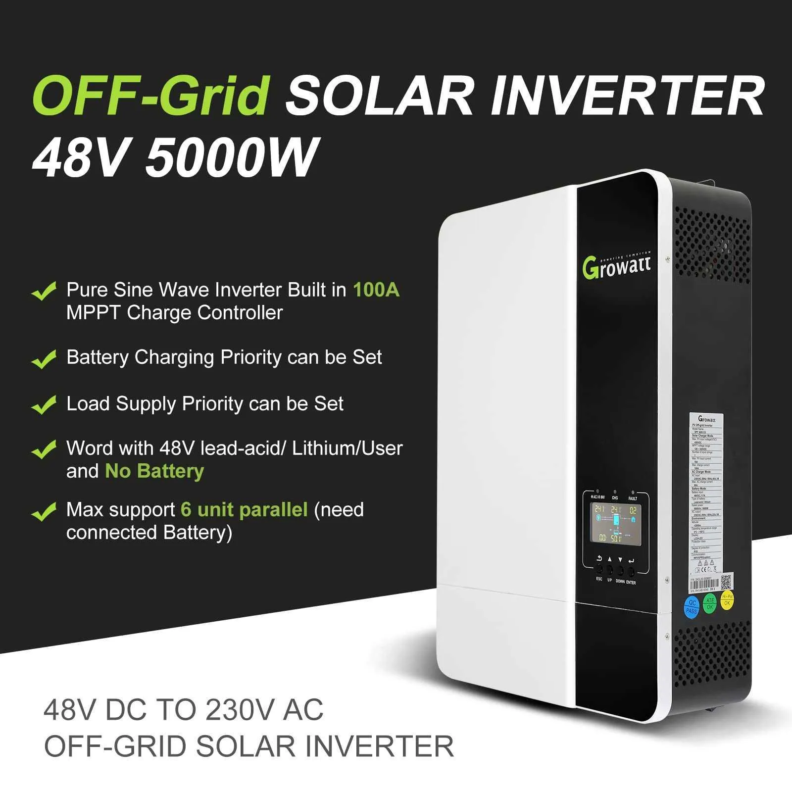 5kw Hybrid Solar Inverter Growatt 48v 230v Mppt 100a Pure Sine Wave