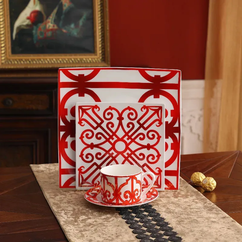 White Square Ceramic Dinnerware Set with Gold Inlay Pattern for Western ...