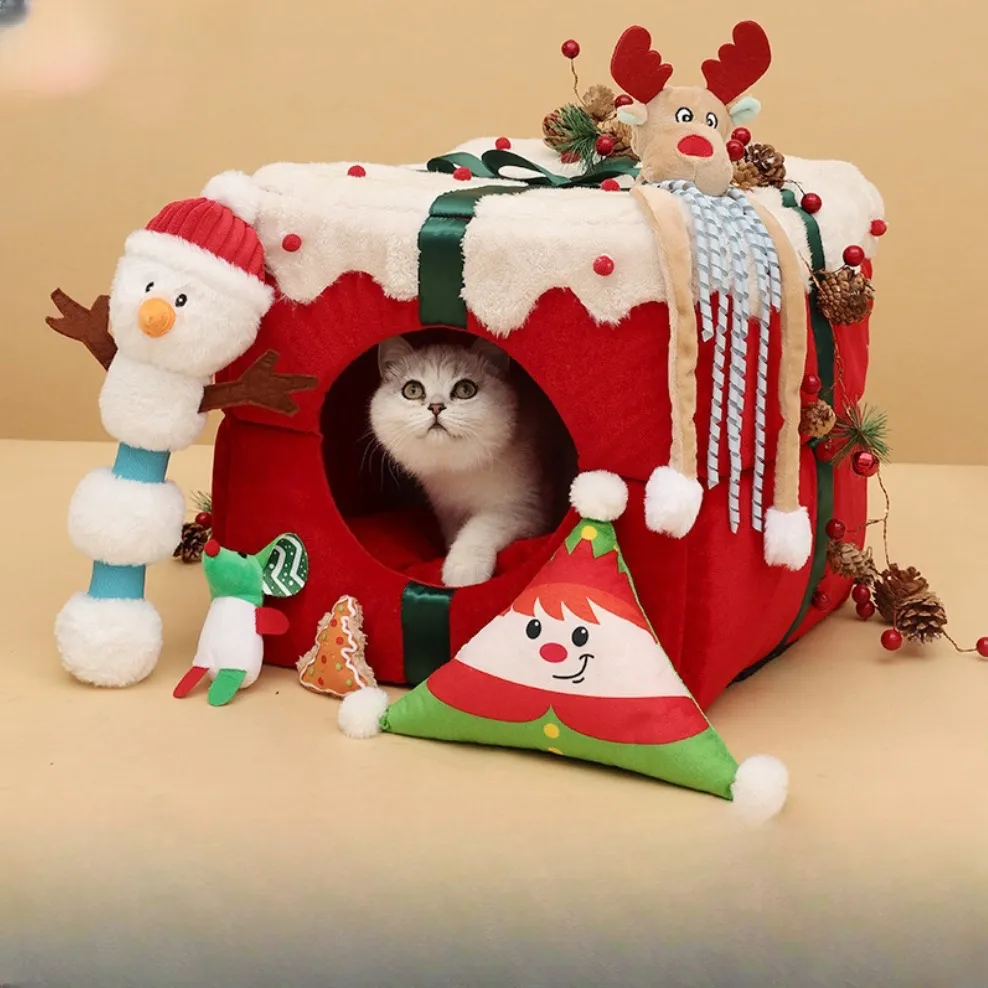 Christmas Cat Litter Box Gift Set - Large Enclosed Pet Bed, Dual-Use ...