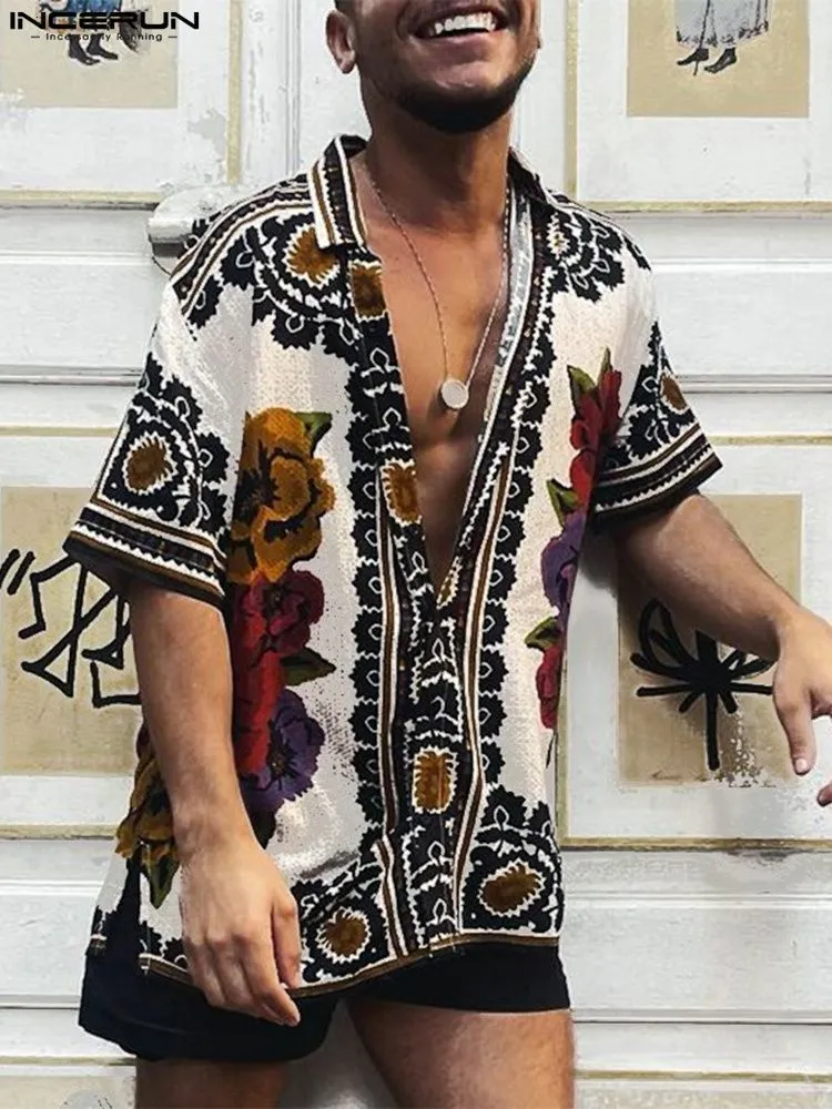 INCERUN Men's Casual Shirt, Printed Lapel Button Short Sleeve Summer ...