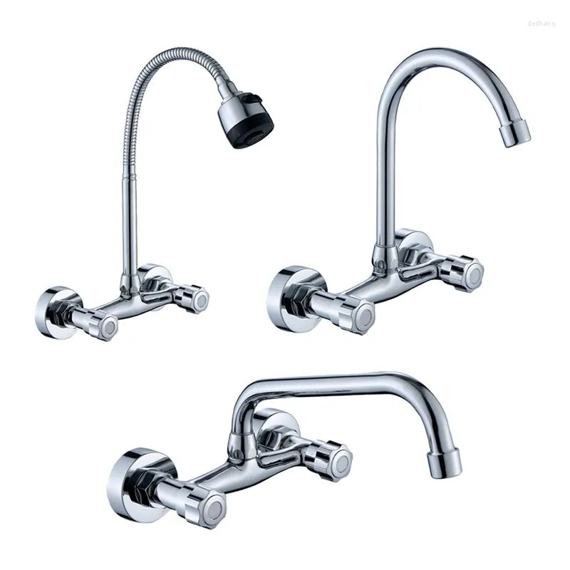 Brass Chrome Wall Mounted Kitchen Faucet, Dual Handle Double Hole Cold ...