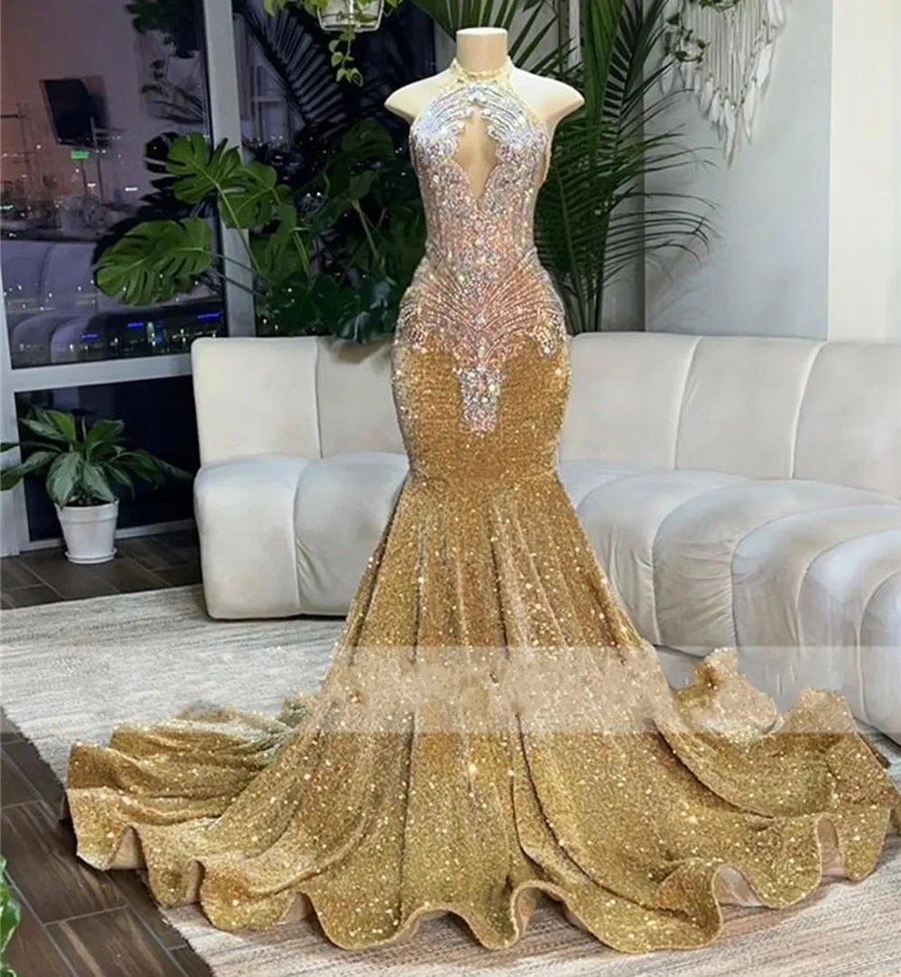 Champagne Gold Sequin Halter Prom Dress Party Evening Elegant Celebrity Formal Gowns Silver ...