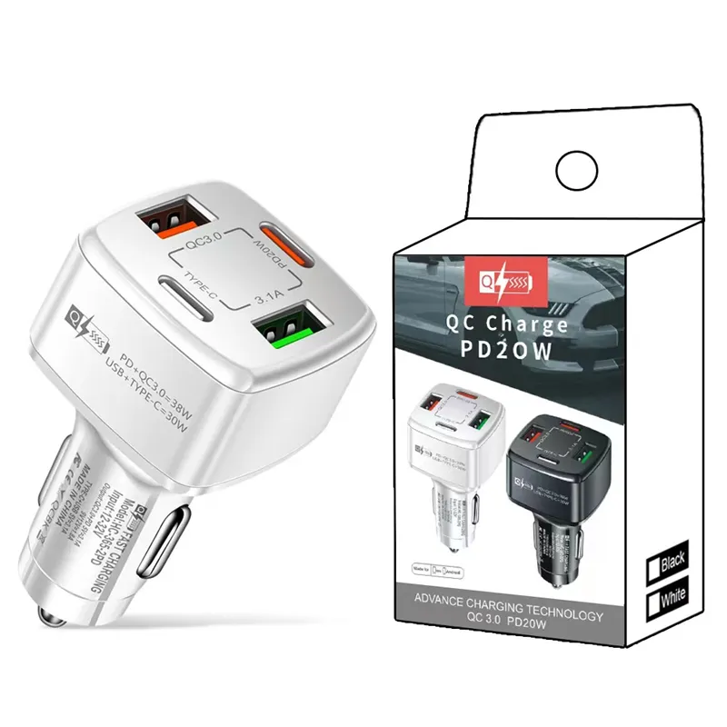 38W Dual Type-C PD Car Charger, 4-Port Fast Charging QC3.0 USB Car ...