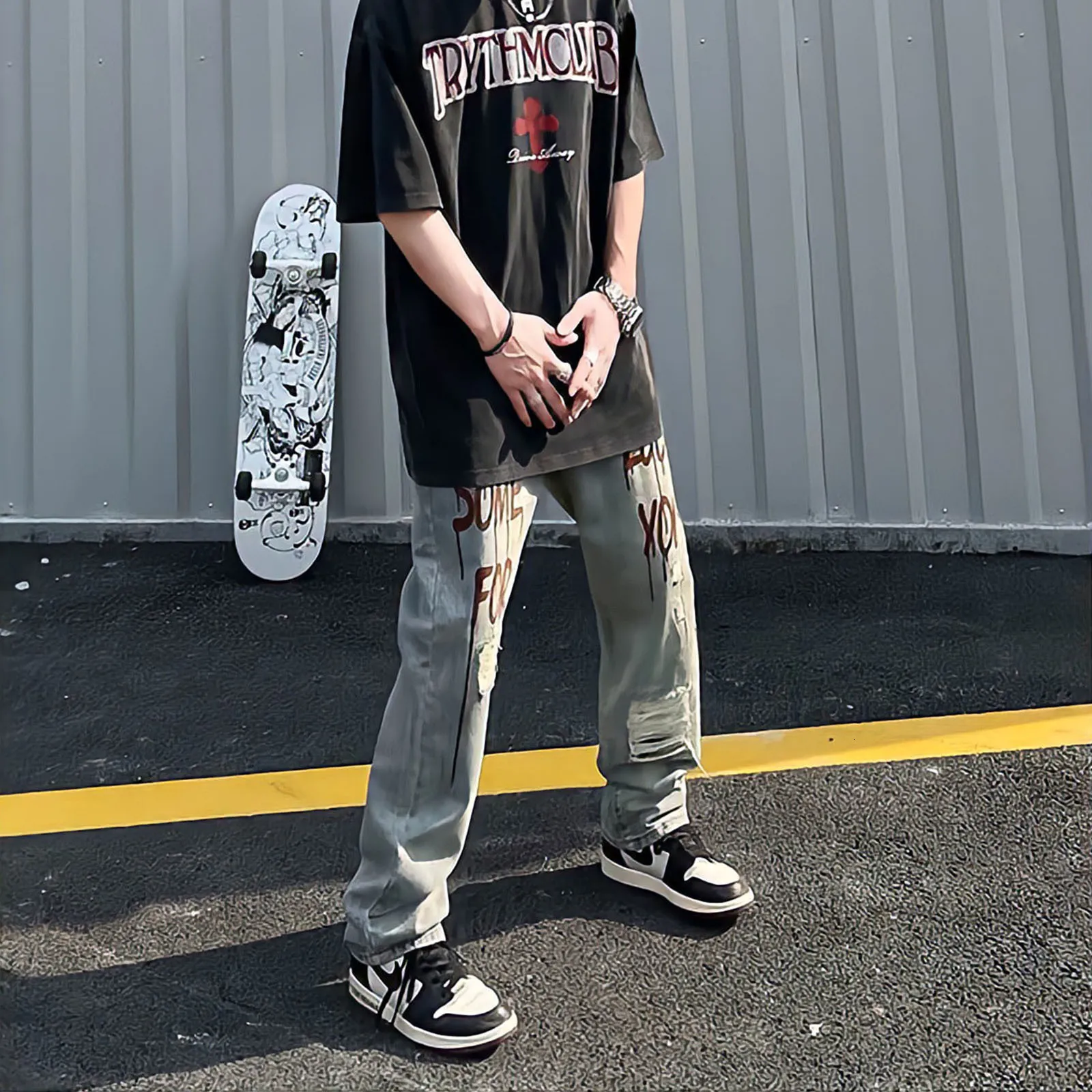 Blue Punk Baggy Jeans For Men Straight Leg Oversized Pants Blue Punk Baggy Jeans For Men Straight Leg Oversized Pants