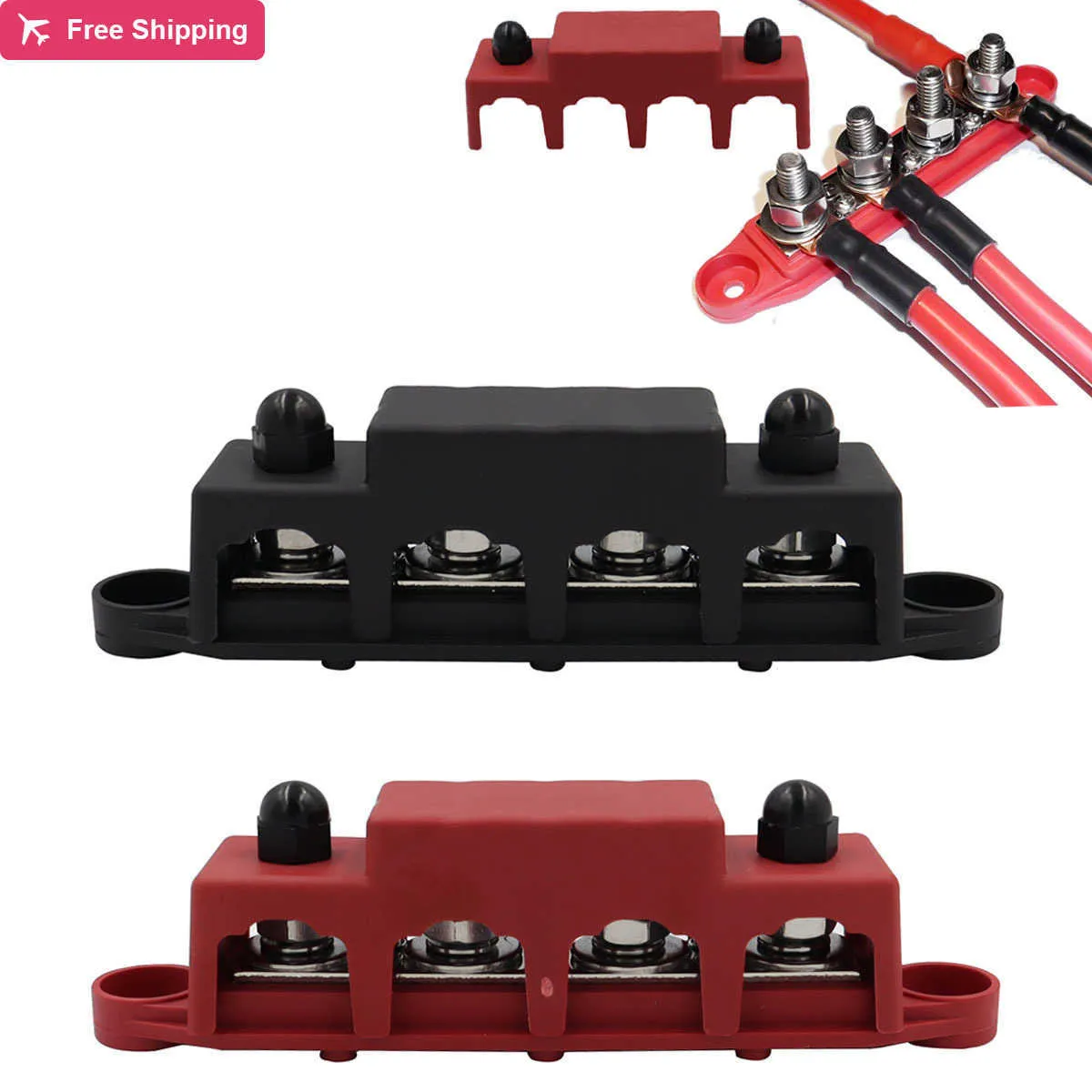 12V Power Distribution Block 250A Bus Bar Terminal Block With Cover, 4 X 3/8 Studs & 3 X #8 ...