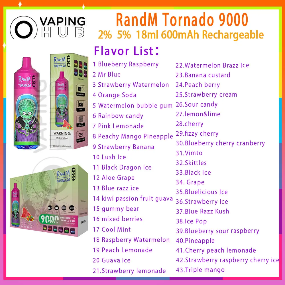 Original Randm Tornado 9000 Puff Disposable Vape Pen 18ml Prefilled Pod