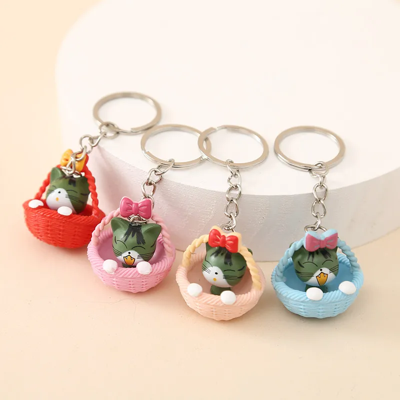 Basket Cat Keychains Mini Animal Figure Key Rings Cute Kawaii Car Keys ...