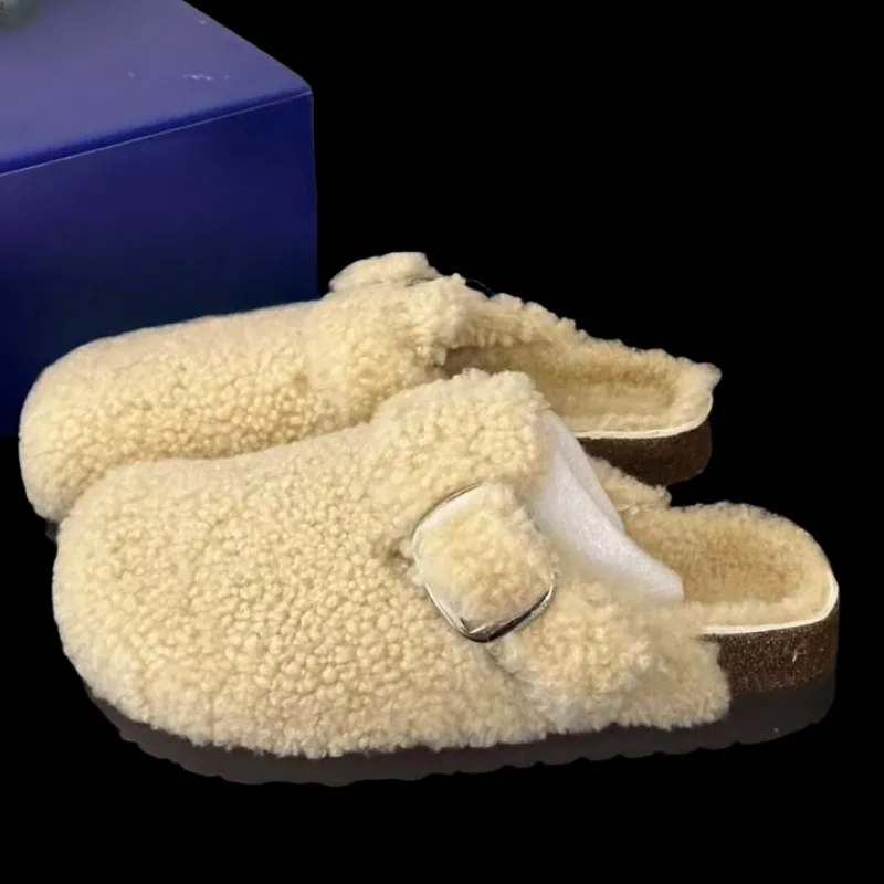 DHgate.com:Women's Fluffy Fur Slippers Round Toe Suede Mule Shoes Flat ...