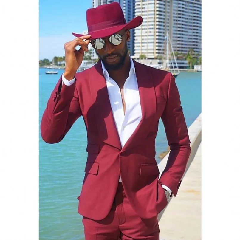 Dark Red One Button Custom Men's Suit With Shawl Lapel Perfect For ...